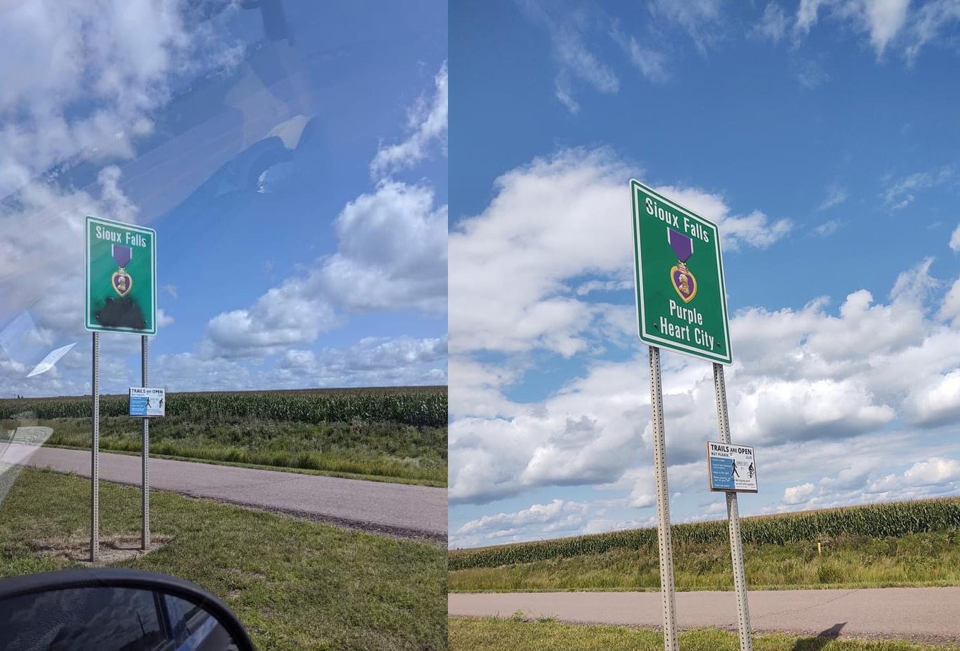 US Army Veteran Cleans up Vandalized Purple Heart Sign in South Dakota ...