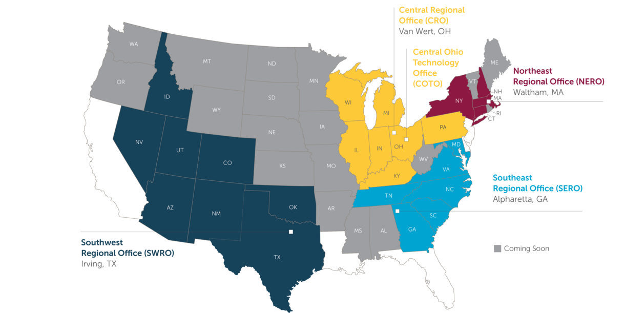 Map showing the regions we serve.