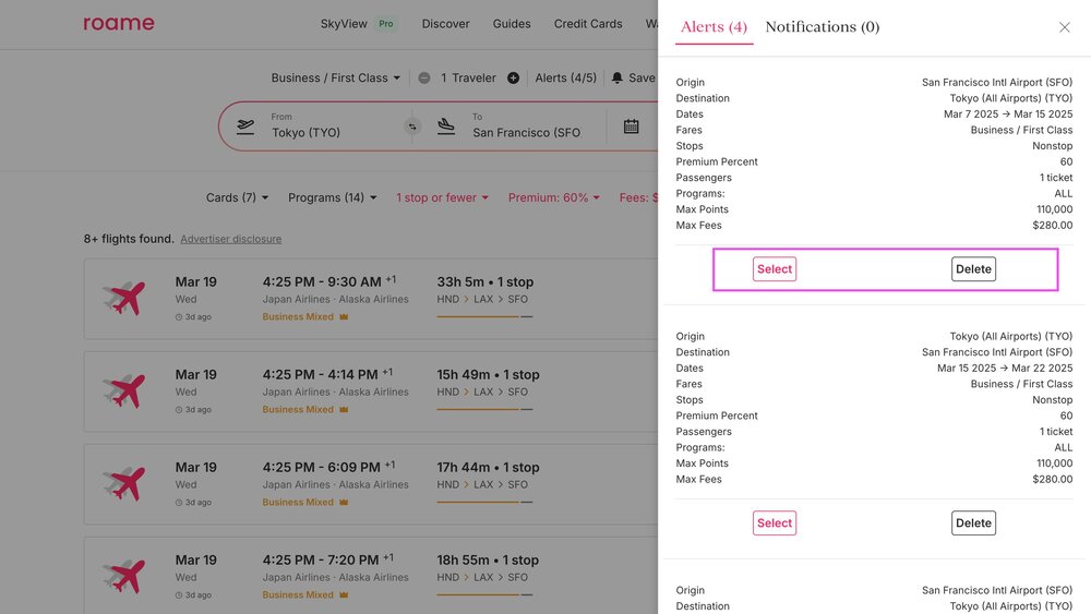 Roame - How to create award flight alerts for business and first class