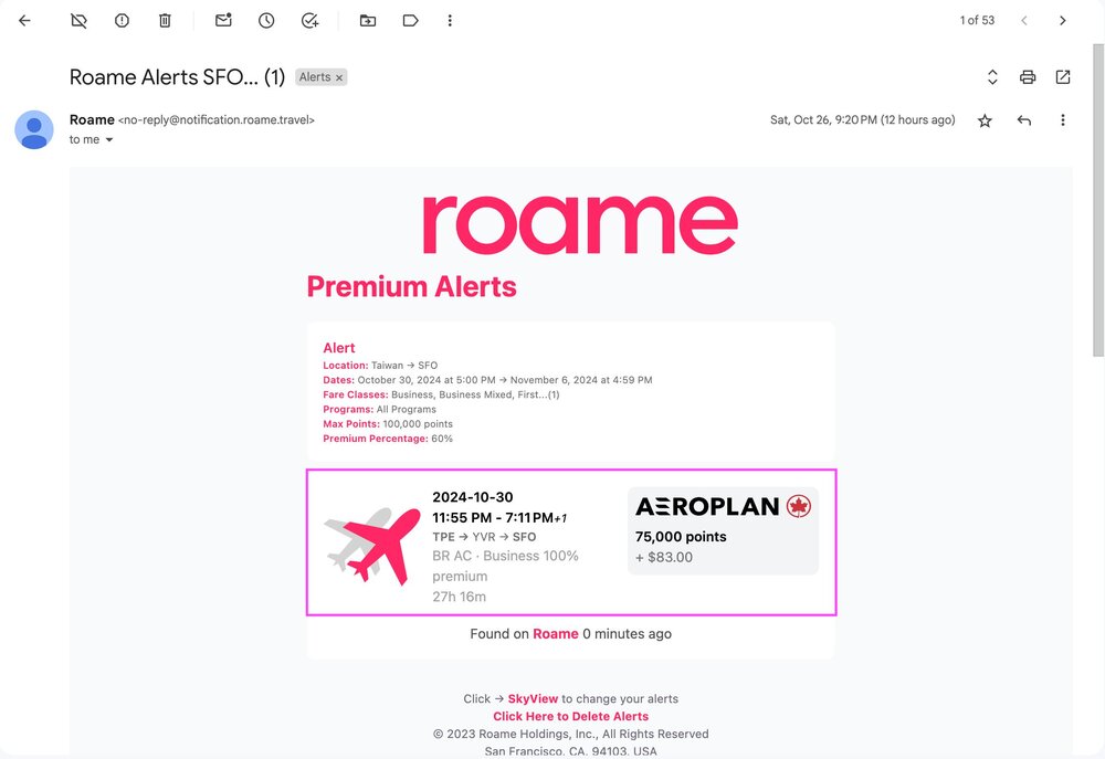 Roame - How to create award flight alerts for business and first class