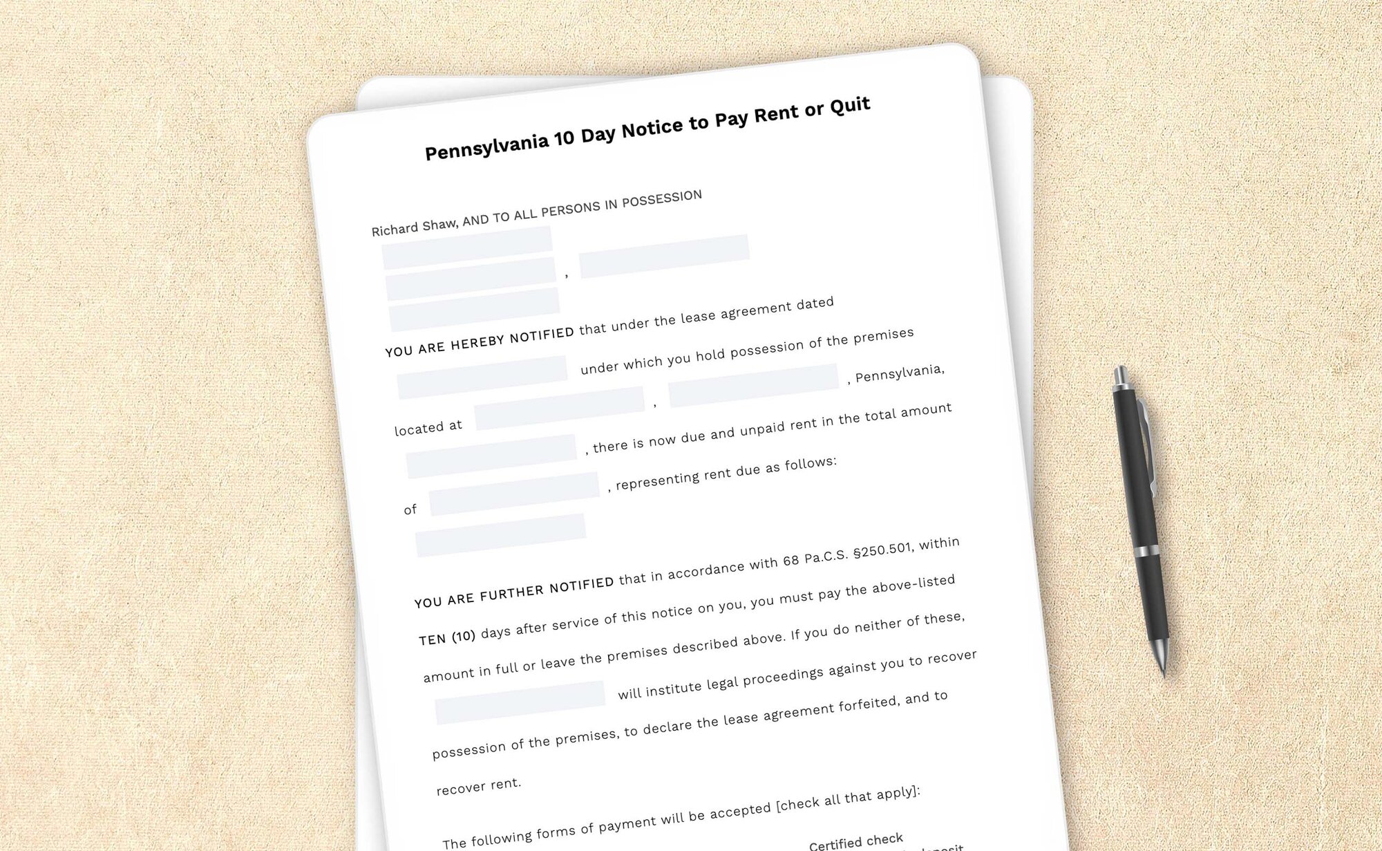 Pennsylvania Ten-day Notice to Pay Rent or Quit Template | LegalZoom