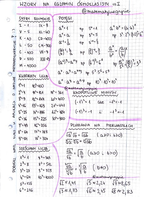 Notatki z matematyki na egzamin ósmoklasisty i brakujące wzory w tablicach maturalnych