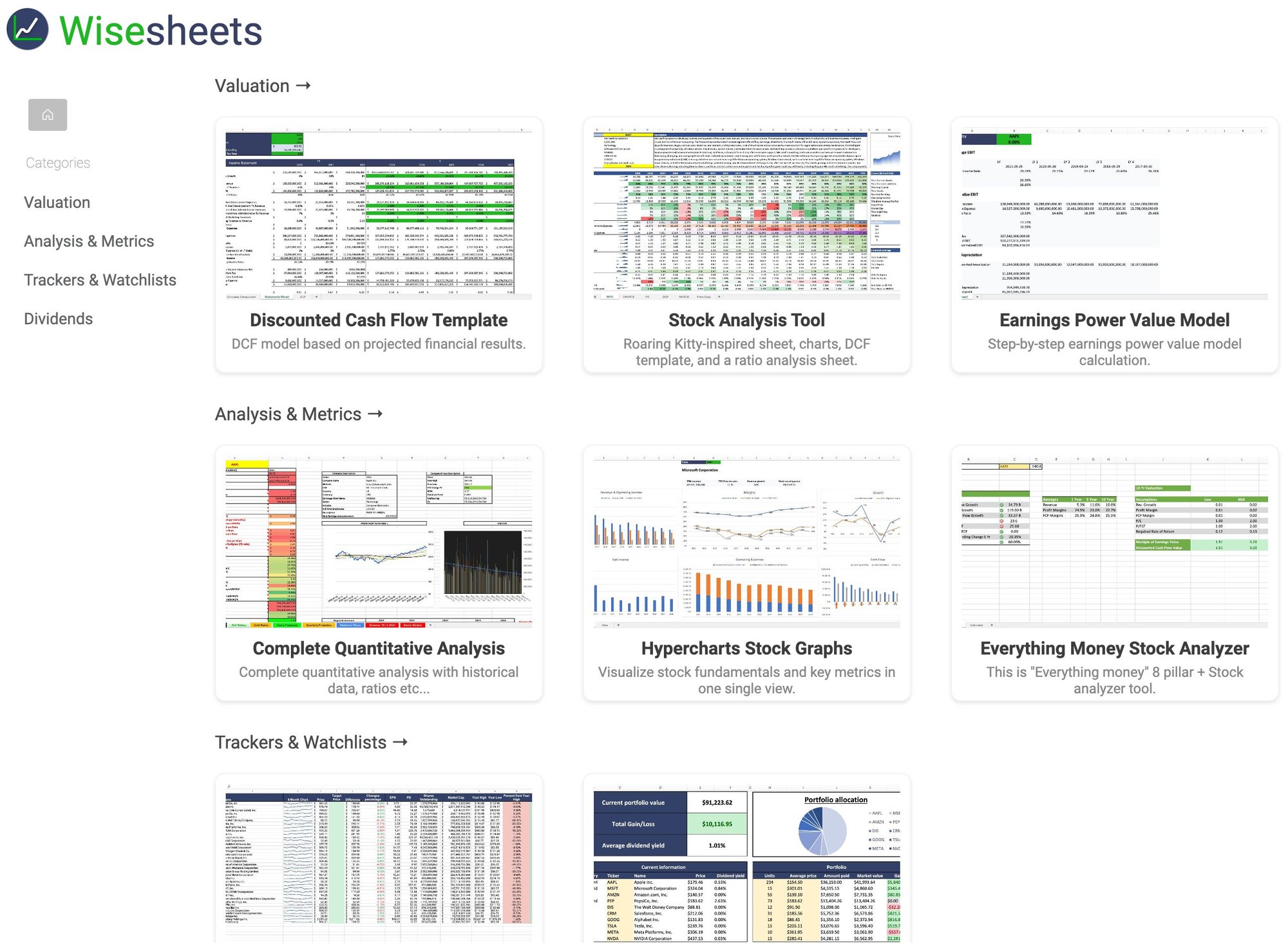 Free Wisesheets Spreadsheet Template Categories